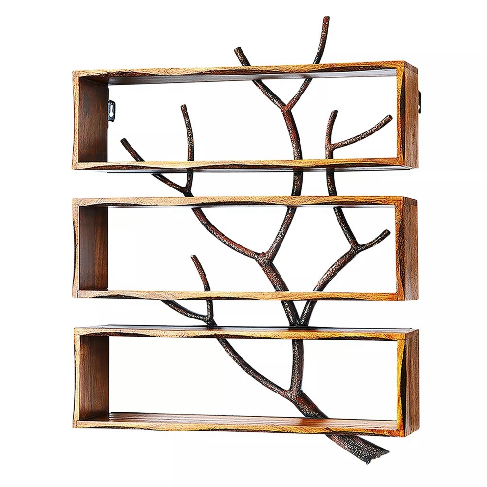 EUROVILAG TRENDSHOP - Wandregal mit 3 Regalboxen MANGOHOLZ Baum Ast Design