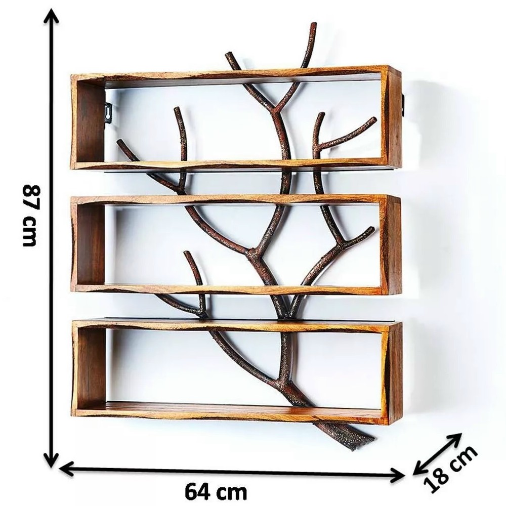 EUROVILAG TRENDSHOP - Wandregal mit 3 Regalboxen MANGOHOLZ Baum Ast Design